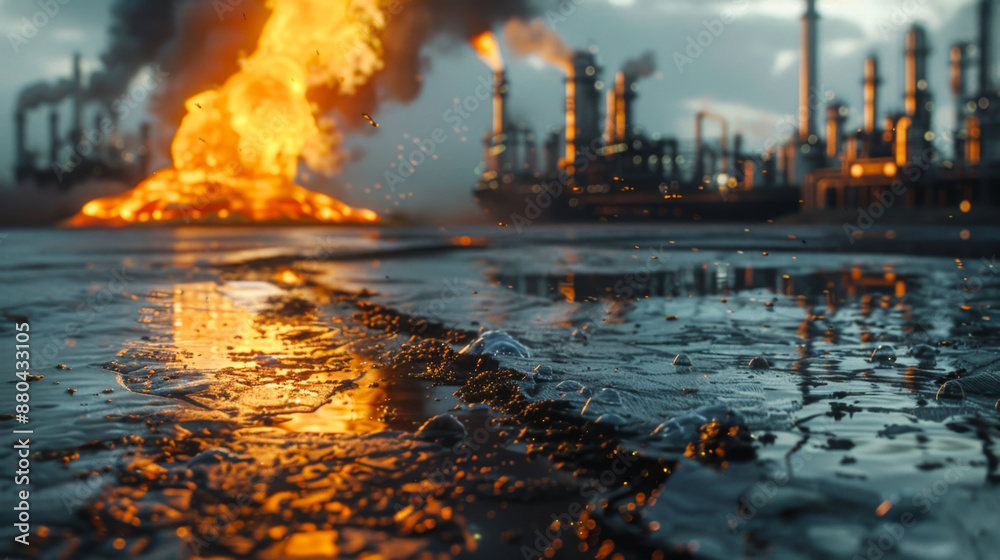 Emergency situation at an industrial plant. The plant catches fire due ...