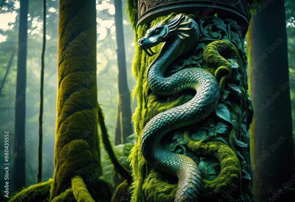 majestic serpent wrapping aged pillar, towering, ancient, coiling ...