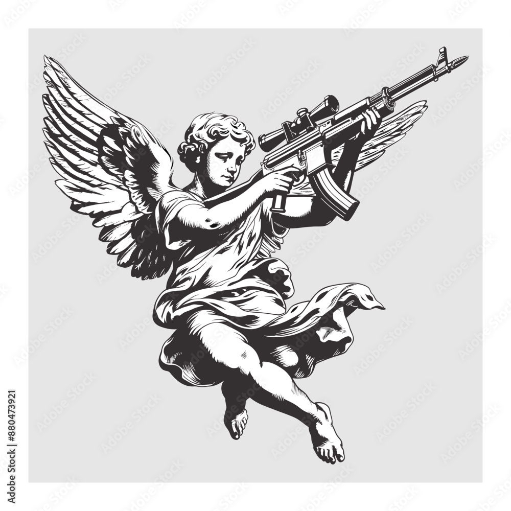 Angel of love Cupid with a machine gun in his hands. Angel takes aim ...