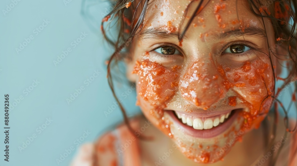 In this studio shot, a close-up captures the smiling face of a teenage ...