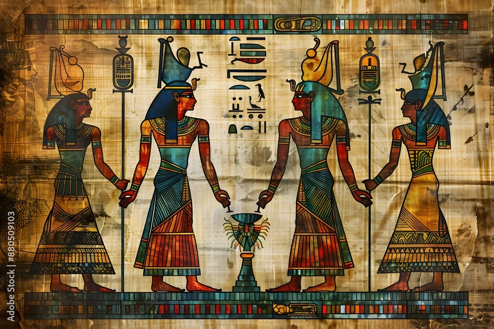 Ancient Egyptian Papyrus Art Depicting Deities and Hieroglyphs Stock ...