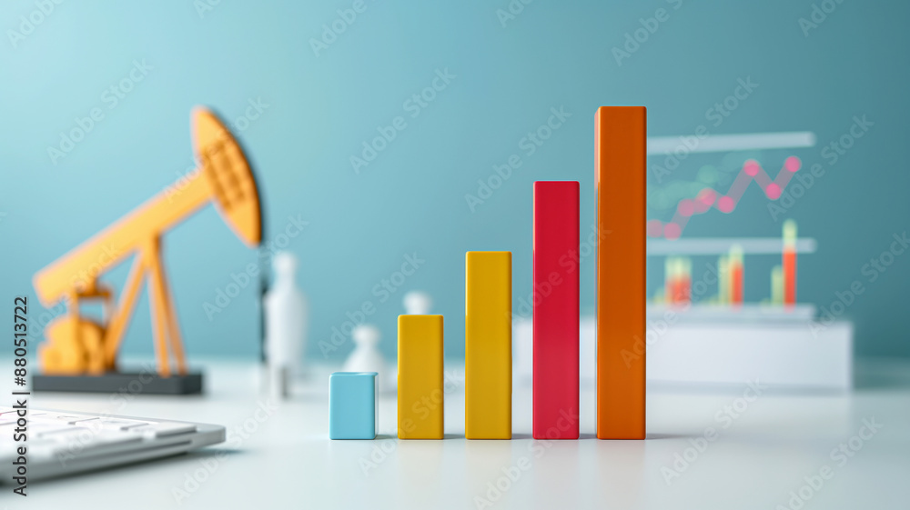 Bar graph representing market growth alongside an oil pumpjack model ...