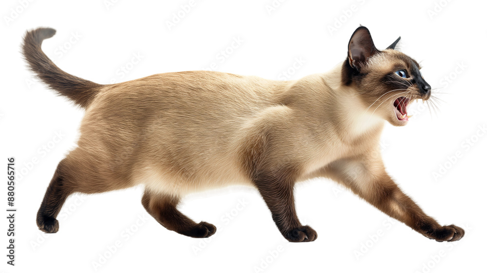 Side view Siamese cat with open mouth isolated on white or transparent ...