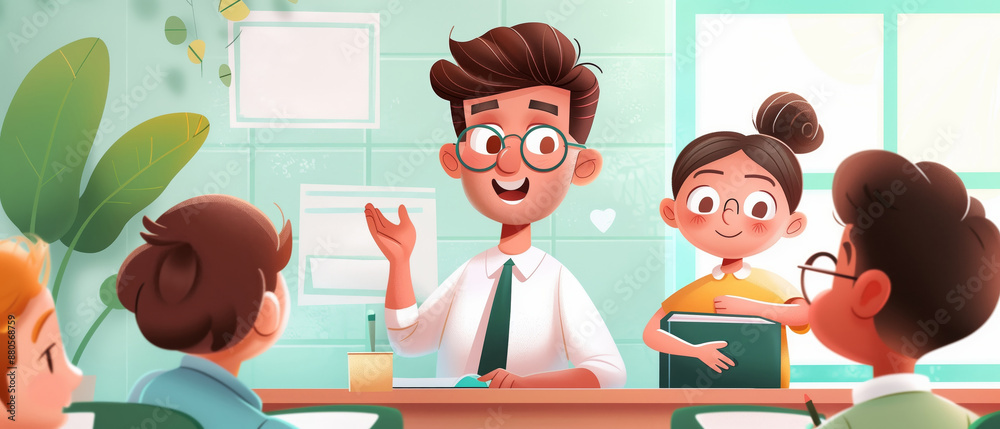 Animated teacher instructs a cheerful classroom of students, fostering ...