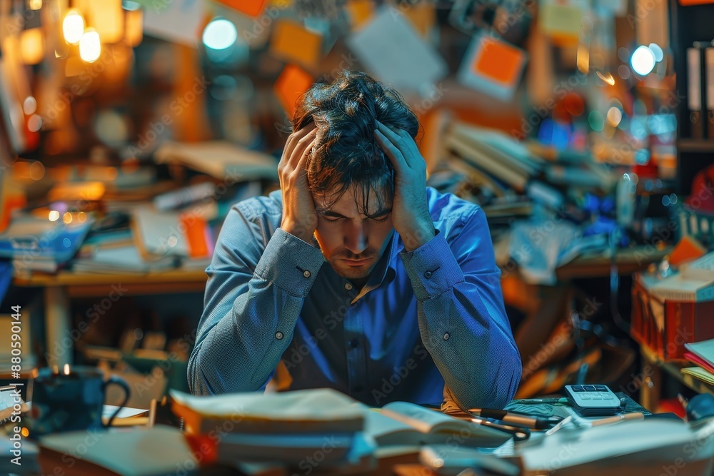 Stressed man overwhelmed with work at a cluttered desk, holding his ...