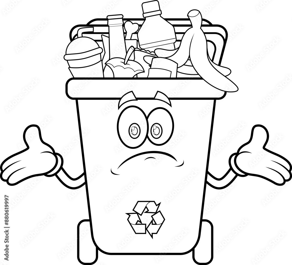 Outlined Recycle Trash Bin Cartoon Character Full With Garbage And Open ...