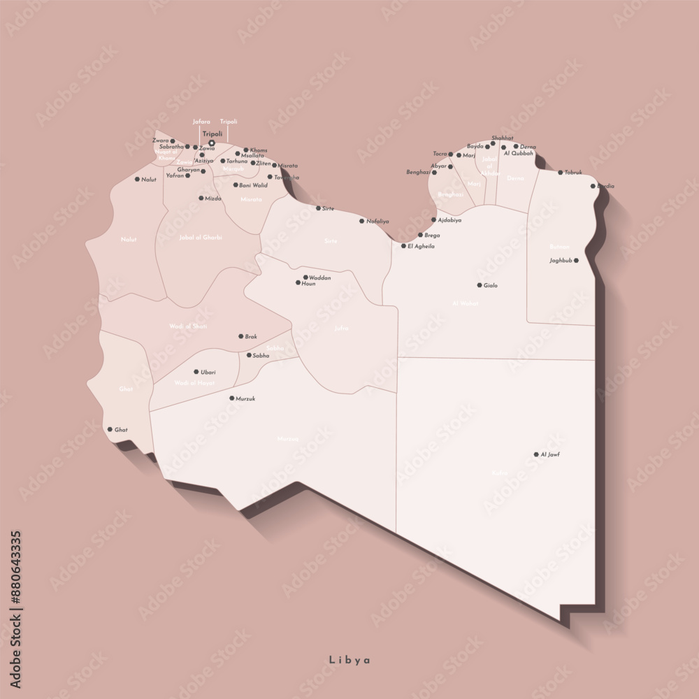 Vector modern illustrationin beige colors. Simplified administrative map of Libya. Names of ...