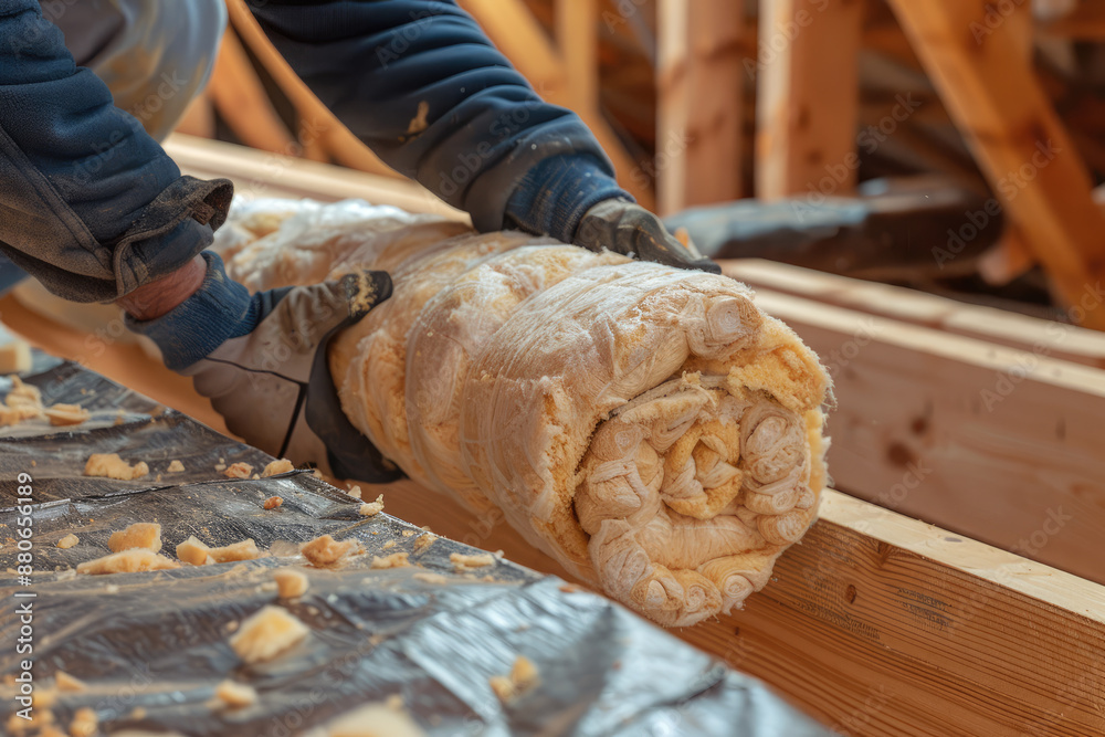 Construction worker installing thermal insulation material in house ...