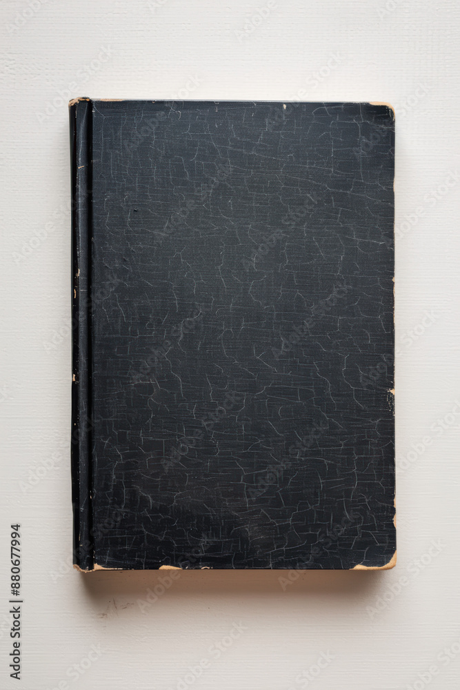 Vintage black hardcover book with worn edges, closed and placed on a ...