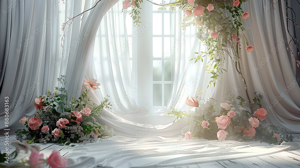 Studio background for a photo shoot. There is a floral round arch and ...