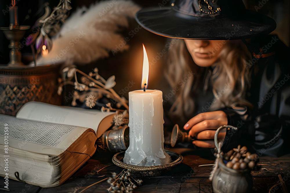 Wiccan witch putting out a white candle flame with antique brass gold ...