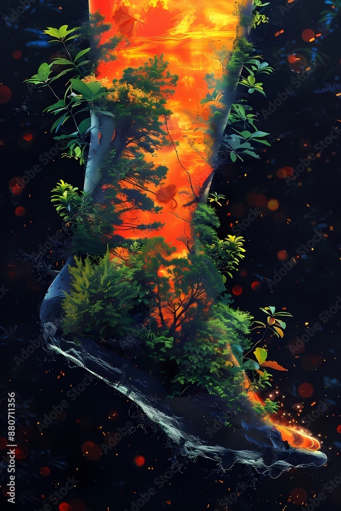 A foot, transformed into a forest, with a burning fiery interior ...