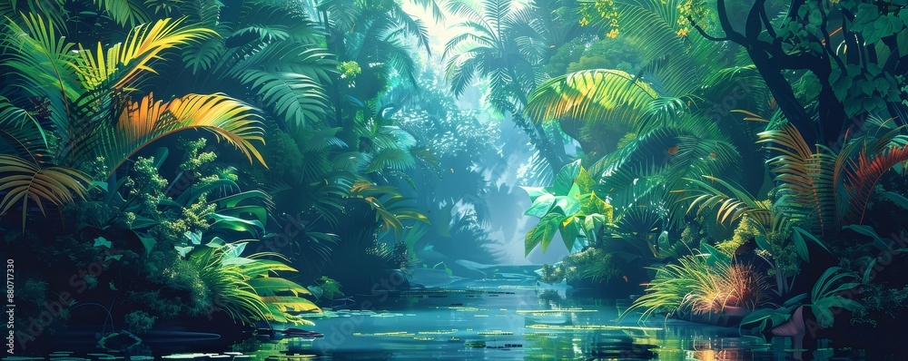 jungle foliage flat design side view dense vegetation water color ...