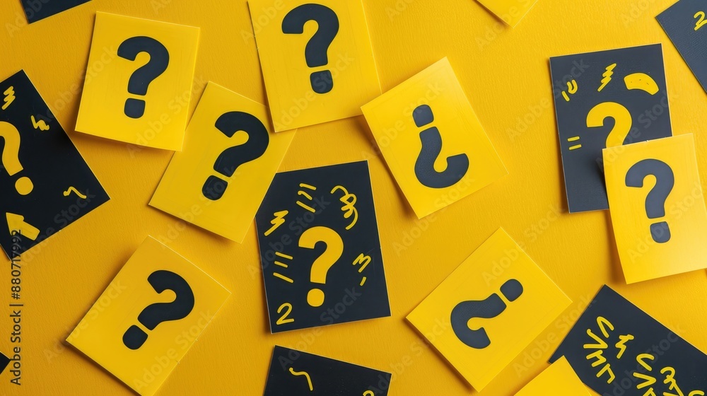 Yellow question mark stickers and black labels with educational themes ...