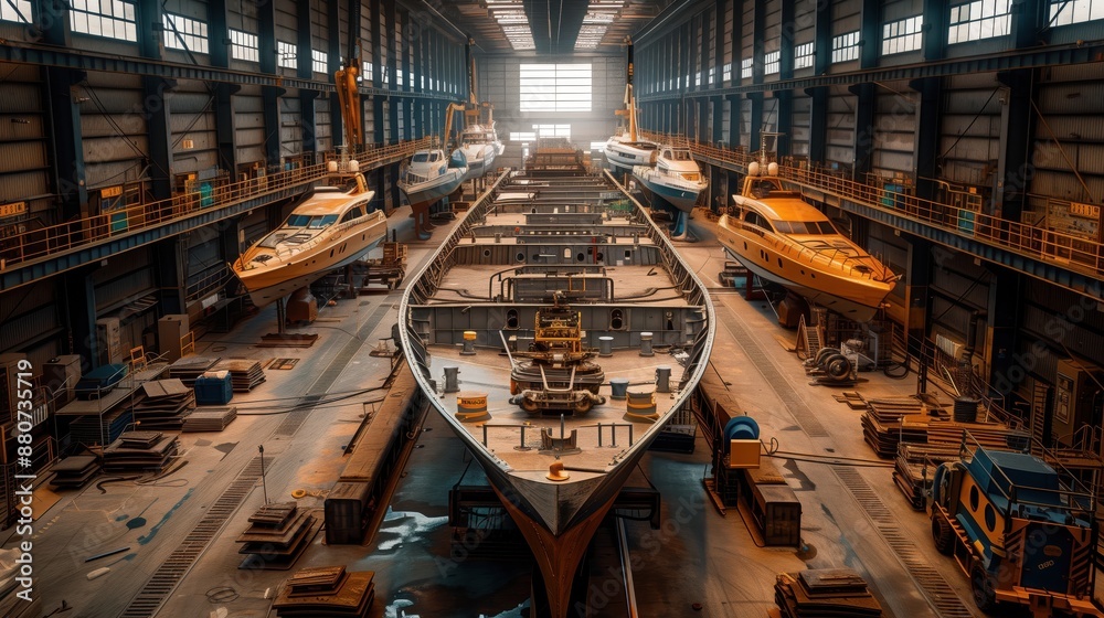 Ship Construction in Modern Shipyard. Large vessel under construction ...