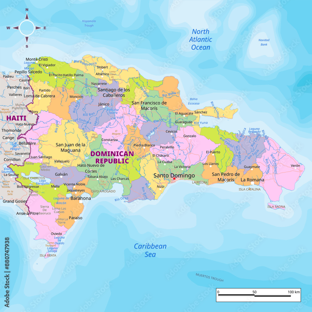 Dominican Republic political map with capital , cities, towns, national ...