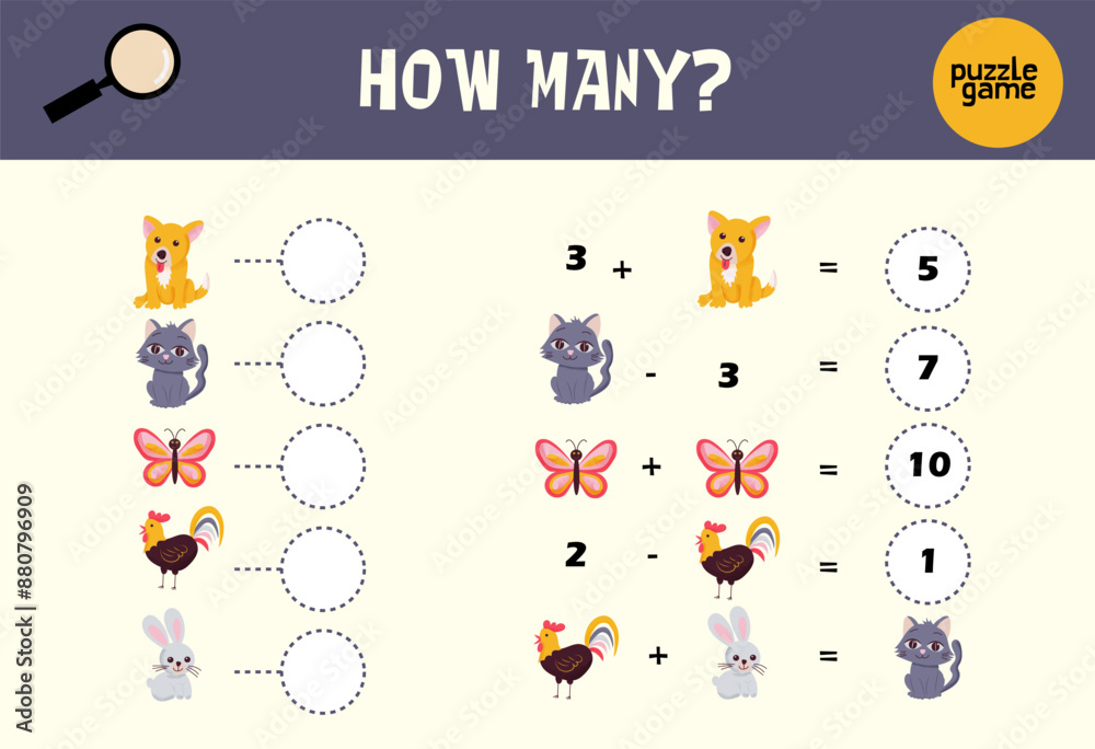 How many game with farm animals. Math worksheet activity for preschool ...