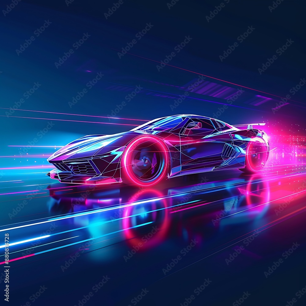 Fast speed Sport car with digital infographic on neon glowing modern ...