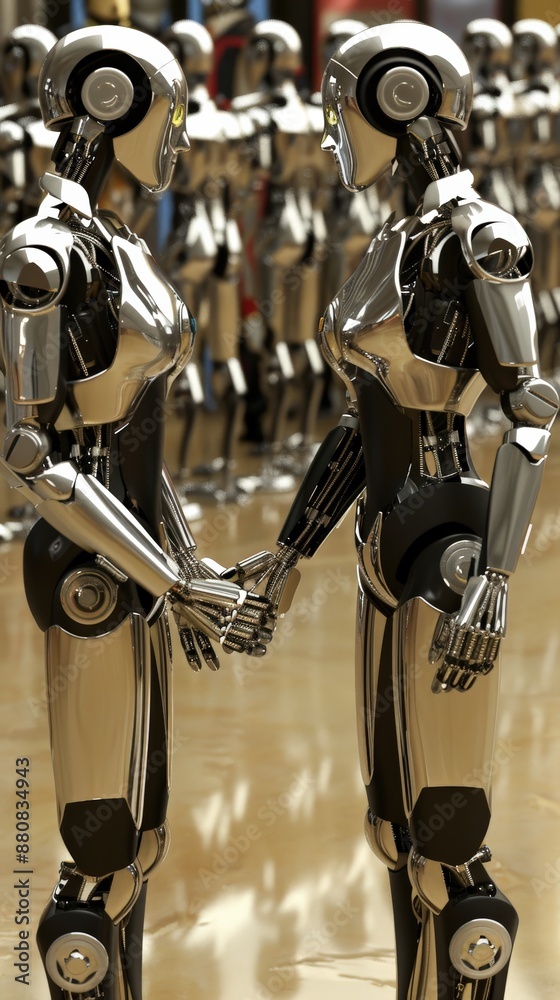 Two humanoid robots, crafted from chrome and black accents, stand in a futuristic setting ...
