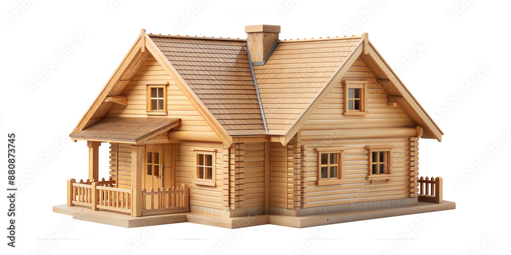 Wooden model house with detailed architecture isolated on transparent ...