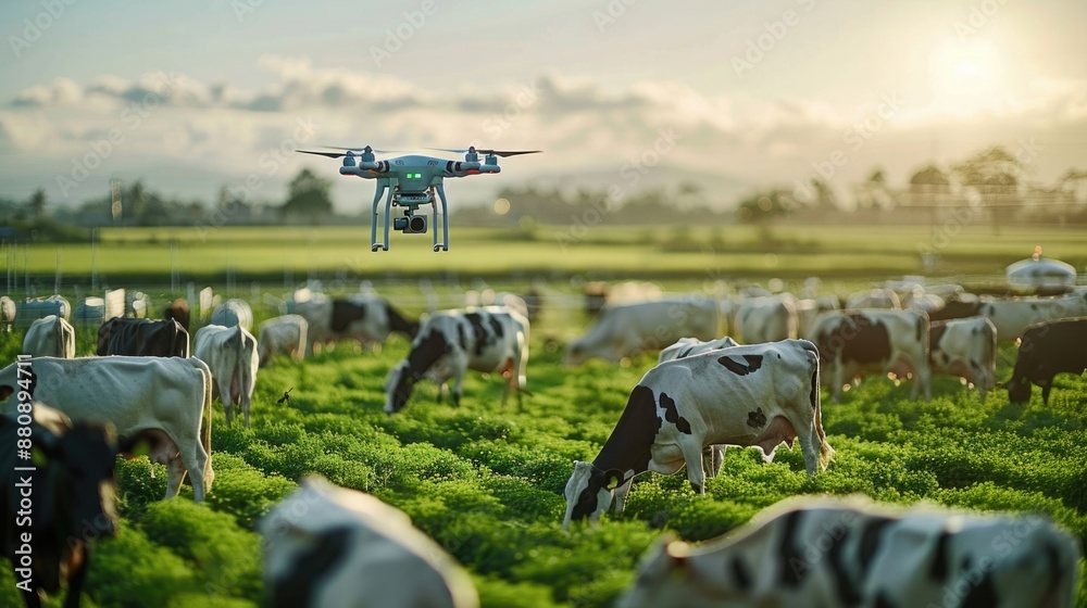 Aerial View of AI-Driven Dairy Farm with Drones and Automated Machines ...