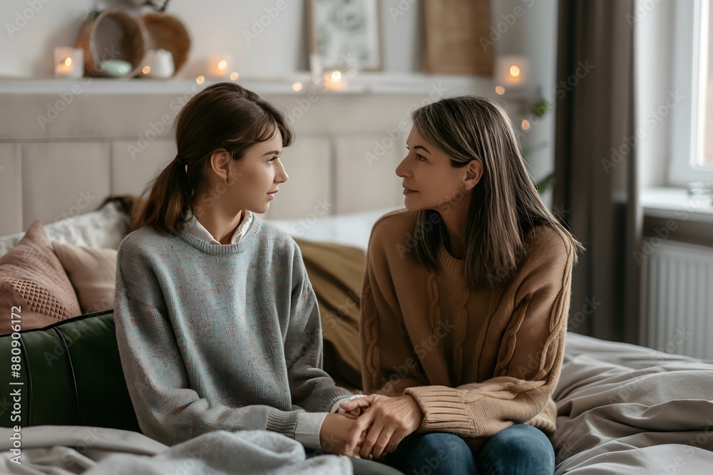 Teenage girl sharing problems with her mother. A concerned mother ...