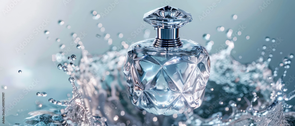 A gemstone-like perfume bottle elegantly splashes into water, creating ...