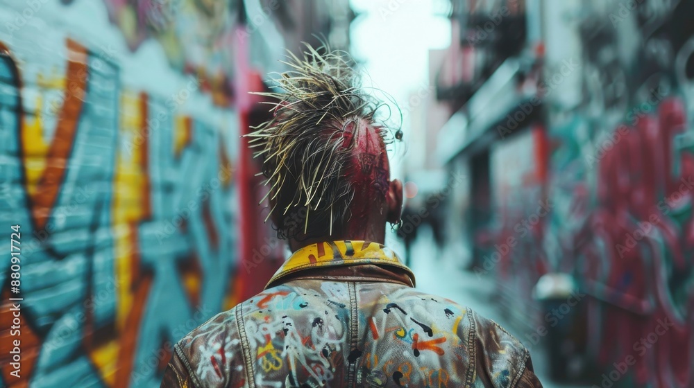 An individual with an eccentric, spiked blonde and pink hairstyle walks ...