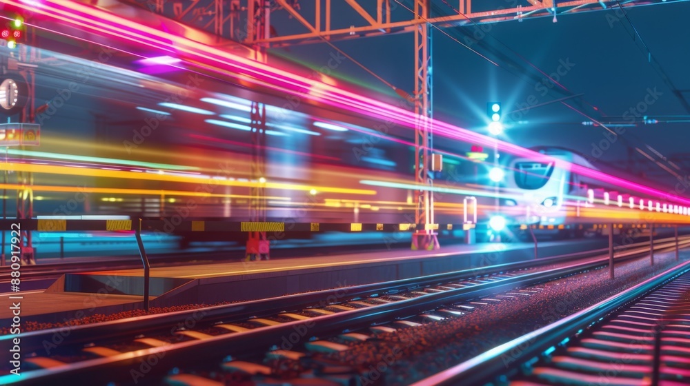 High-speed trains passing through a railway intersection with barriers ...