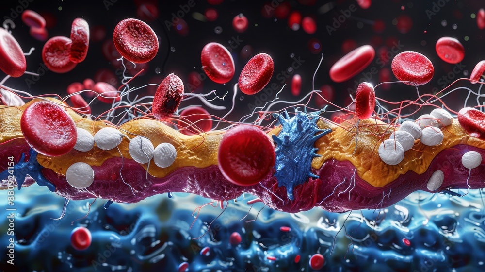 3D illustration of a blood clot with fibrin fibers, red blood cells ...