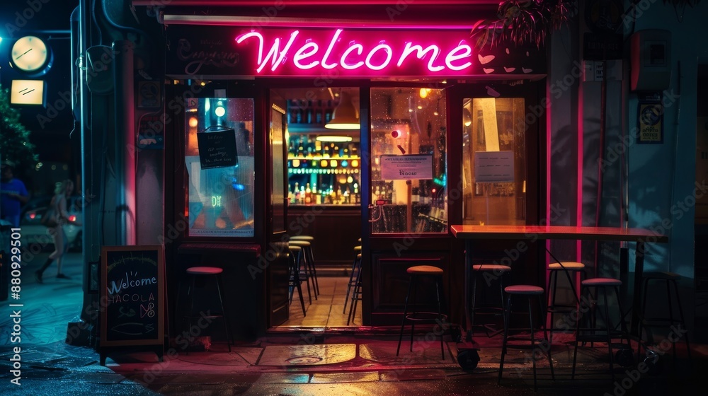 restaurant cafe bar sign in the late dark night evening. welcome sign ...