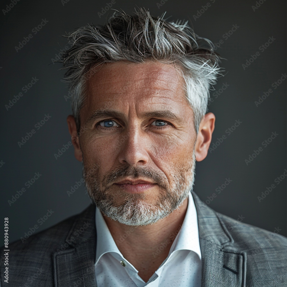 A headshot of an attractive, successful man aged late 40s with grey ...