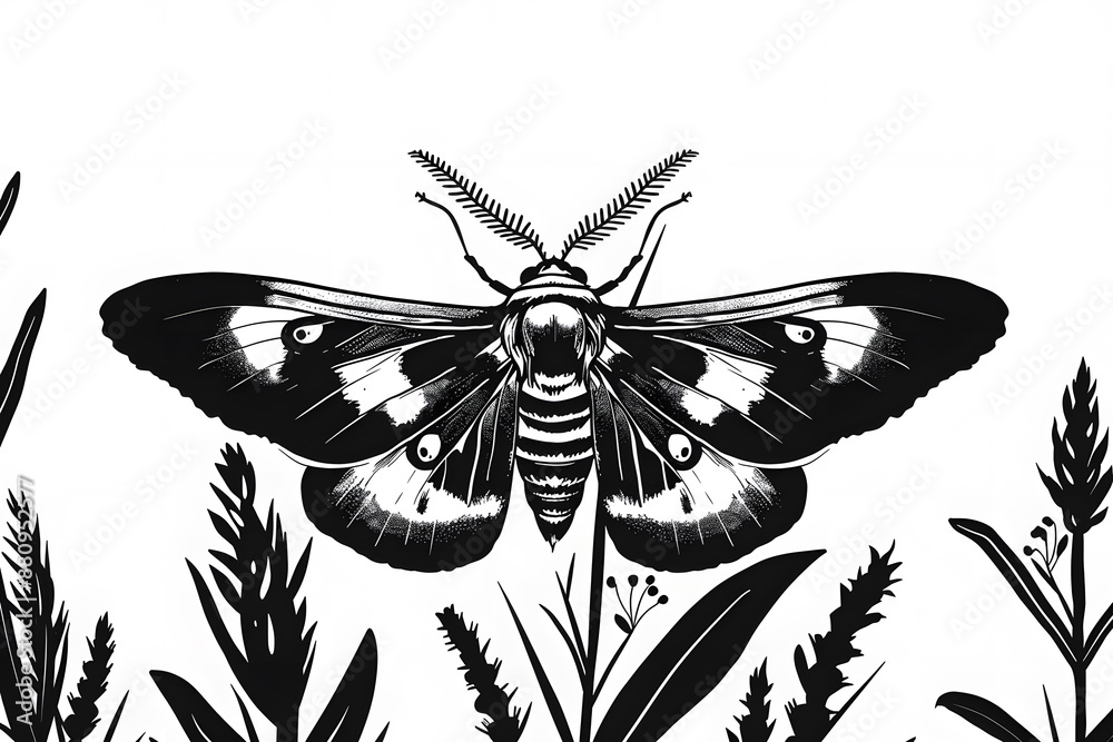 Hand drawn Black moth in a minimal black and white style, tattoo design ...