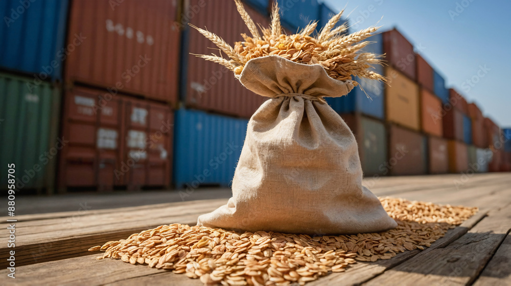 Wheat export concept. Wheat, grains, cereal in linen sack after harvest ...