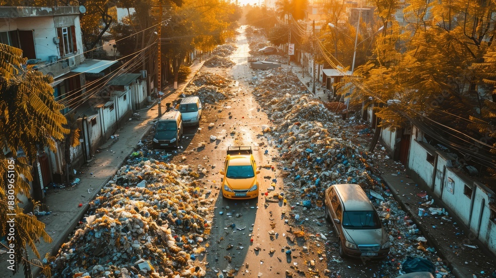 Aerial view of a city with smart waste management systems optimizing ...