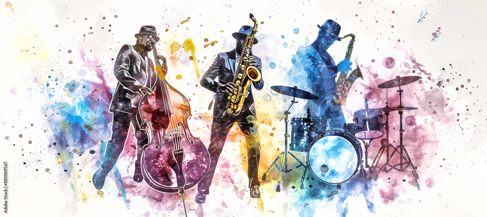 Three jazz musicians performing in a colorful watercolor illustration ...