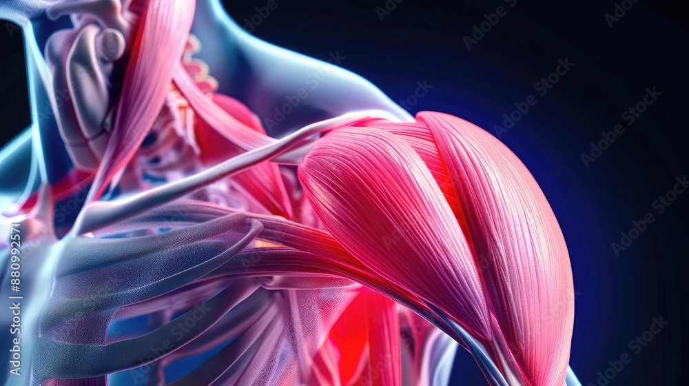 3D illustration of the human shoulder joint with muscles and ligaments ...