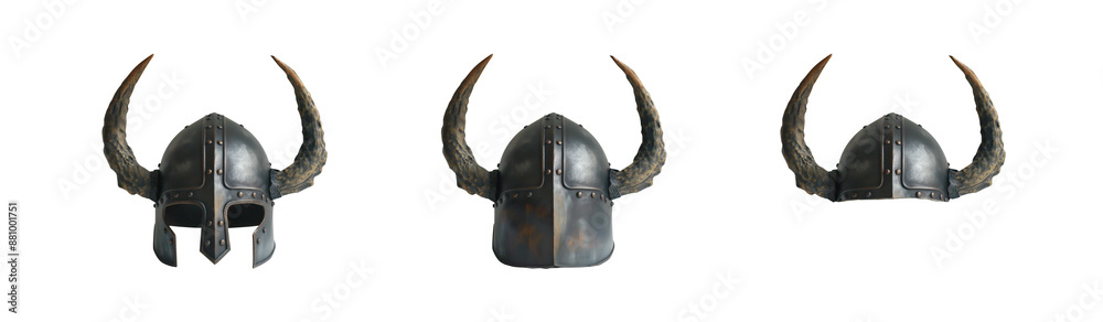 Medieval Viking helmet with curved sharp horns. Front and back view and ...