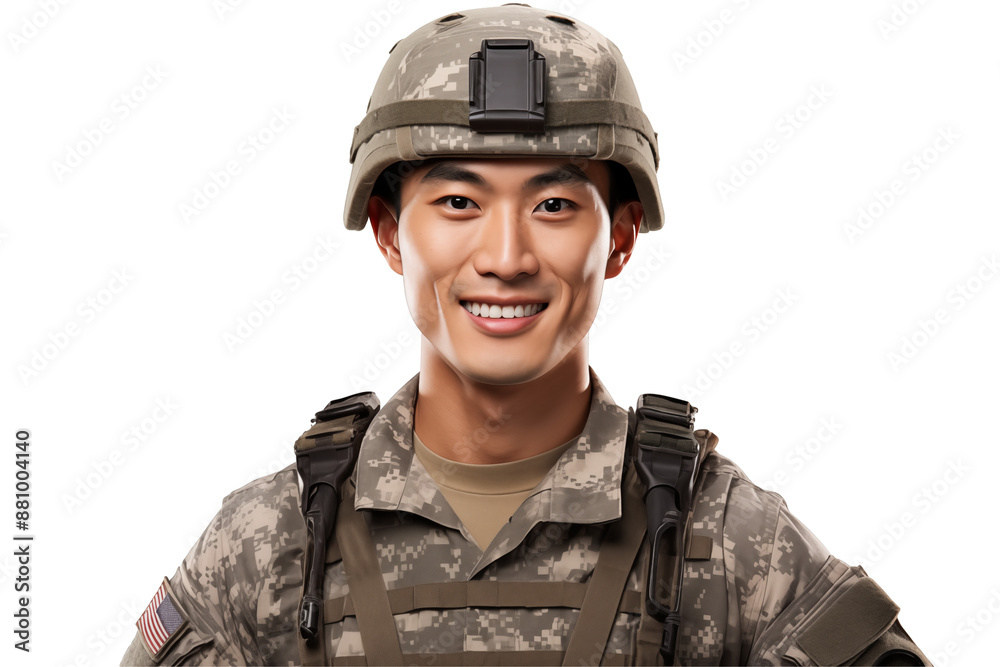 Photo Stock Smiling Asian soldier on transparent background. Smiling ...