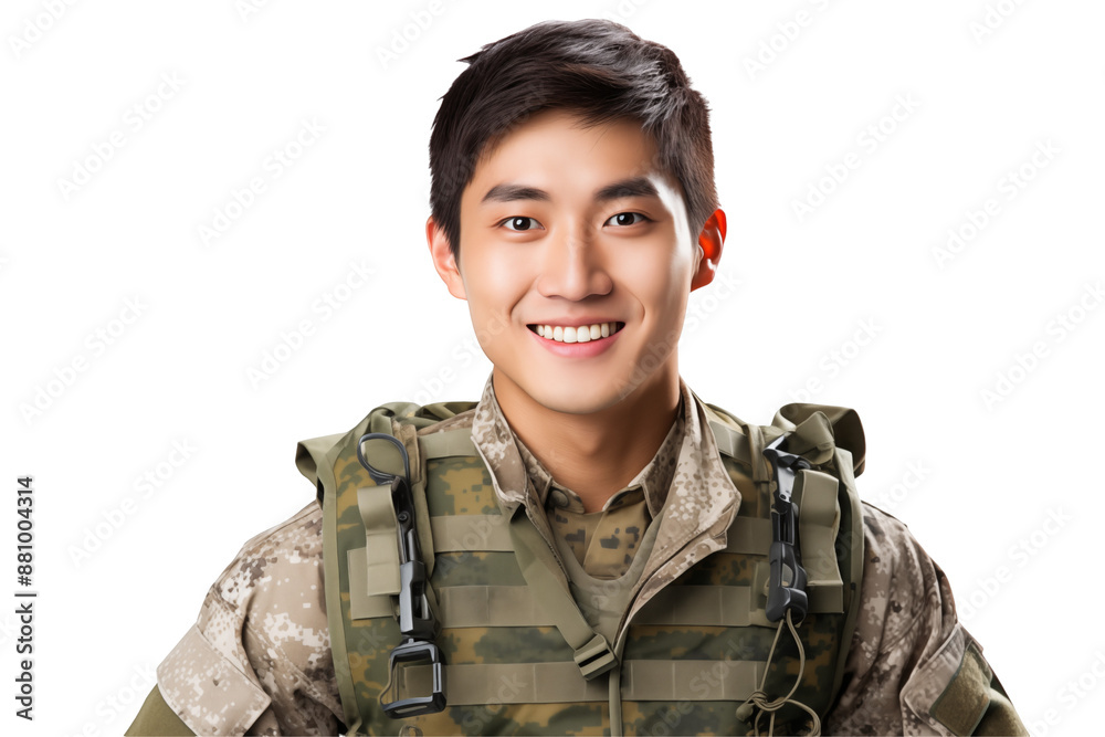 Photo Stock Smiling Asian soldier on transparent background. Smiling ...