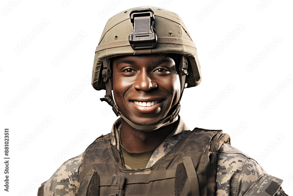 Foto de Stock Smiling afro american soldier on transparent background ...