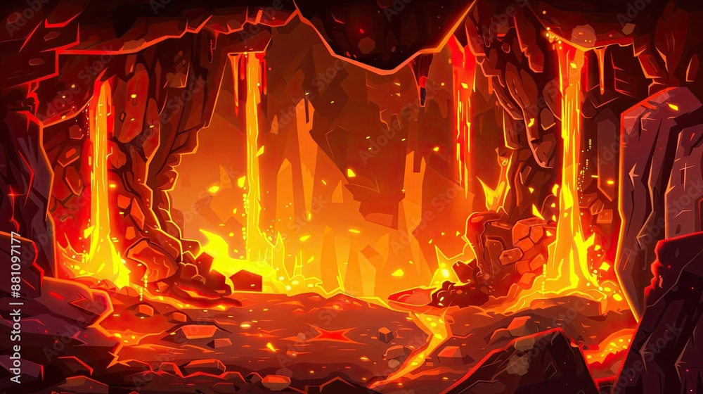 Epic Volcanic Cave Game Level with Flowing Lava and Fiery Red Sprites ...