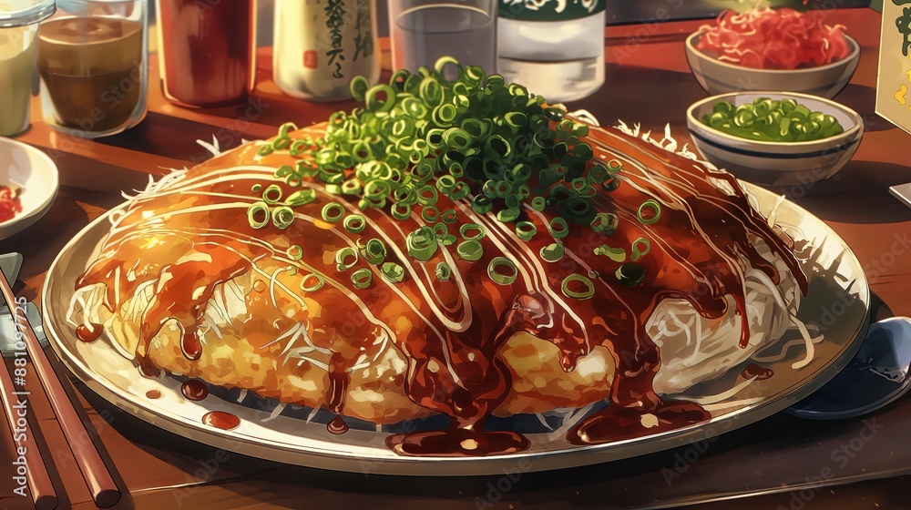 cute plate of anime style okonomiyaki with toppings. Anime food, anime ...