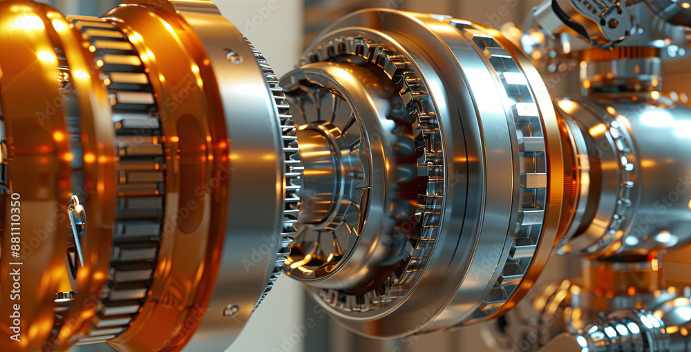 Close-up of an automobile gearbox with steel gears on the transmission ...