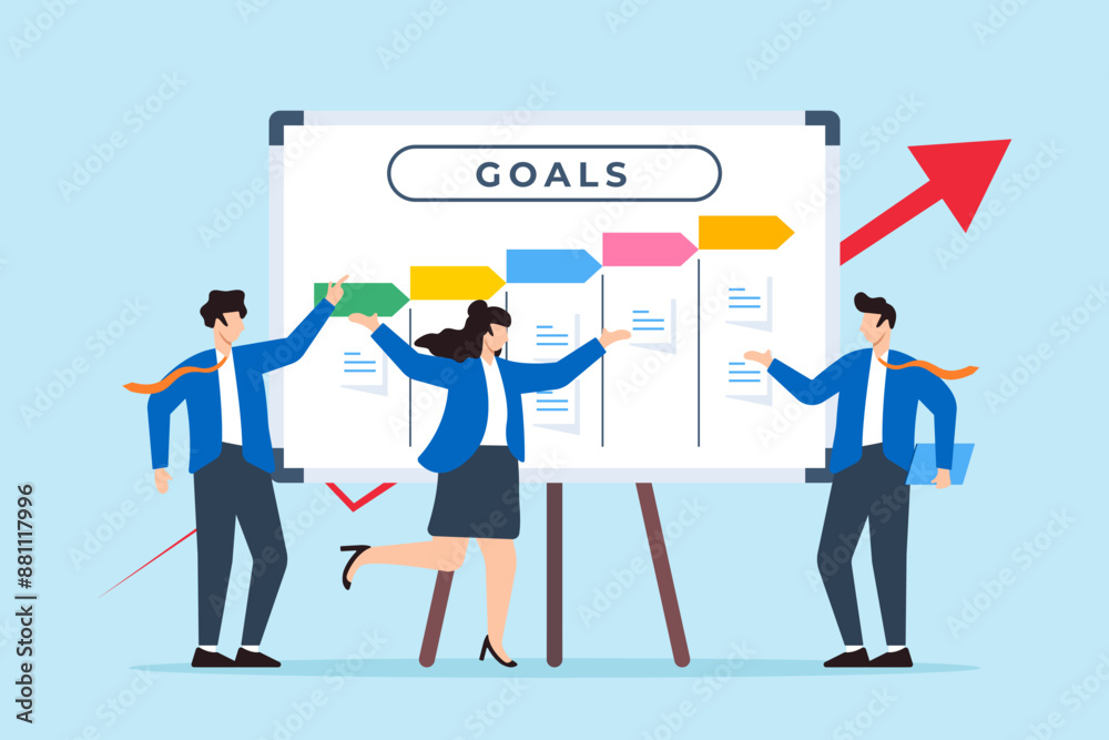 Vector illustration of business team setting goals with sticky notes on ...