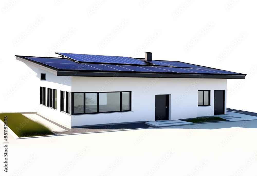 A modern two-story house with a flat roof, solar panels on the roof ...