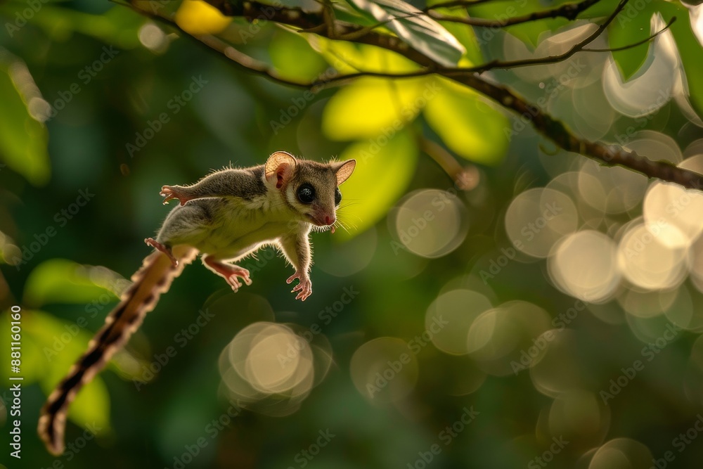 Full body view of Central Sugar Glider jumping from the tree in natural ...