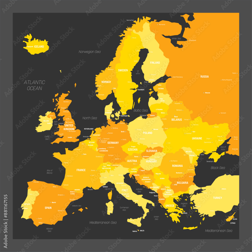 Political map of Europe. Blue colored vector map with capital and ...