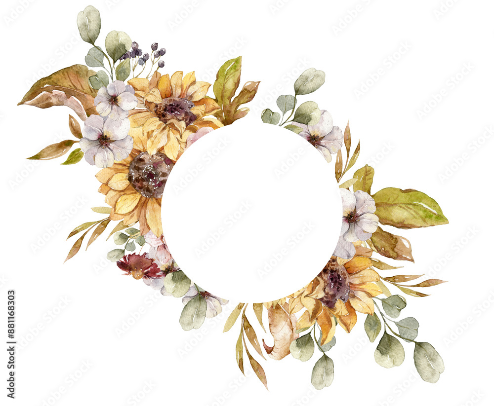 Autumn sunflower bouquet wreath png, watercolor floral circle frame ...