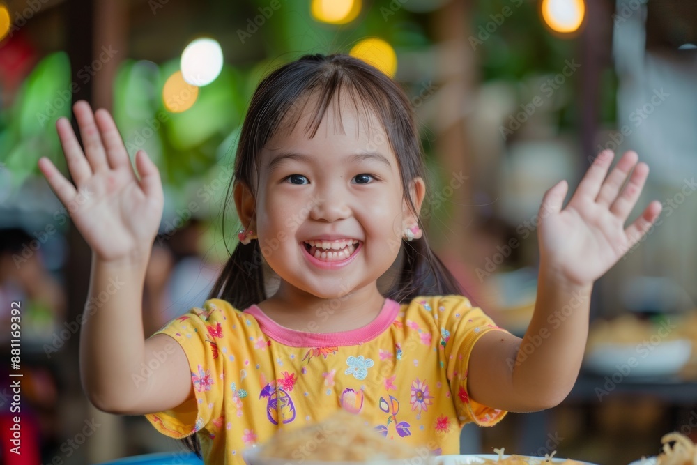 Child casual outfit expressing joy open hands. Adorable boy inside ...